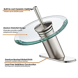 RODDEX Waterfall Bathroom Sink Faucet Solid Brass Glass One Handle Single Hole Basin Vanity Bathroom Faucet, Short,Brushed Nickel