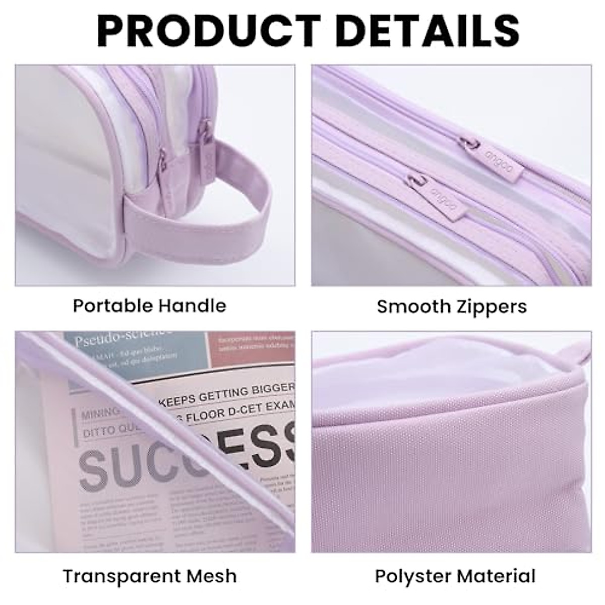 JIANTA Mesh Pencil Case, Large Clear Pen Pouch with Zipper and 2 Compartments, Makeup Cosmetics Bag Stationery Storage Bag for Home, Office, School, Purple
