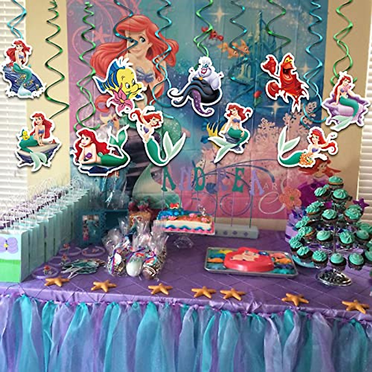 30PCS Little Mermaid Ariel Hanging Swirls, Cartoon Mermaid Ariel Whirls Glitter Foil Ceiling Swirls Streamers Decorations, Little Mermaid Ariel Themed Party Supplies Favors for Boys and Girls Birthday Party Decorations
