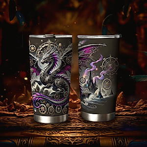 64HYDRO 20oz Steampunk Mechanical Dragon Tumbler, Engineer Mechanic Dragons, Gaming, Gamers Gifts for Dragon Lovers, Stainless Steel Double Wall Vacuum Insulated Coffee Mug, Travel Cup with Lid - F