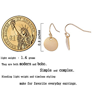 POTESSA 18K Gold Circle Disc Dangle Earrings Brushed Small Round Coin Hoop Earrings for Women Minimalist Lightweight Statement Jewelry