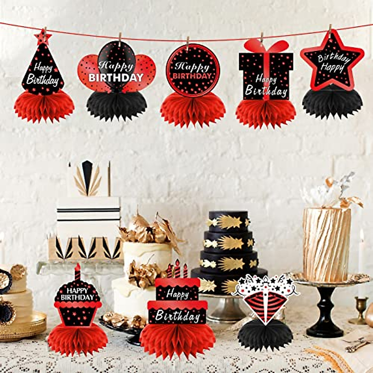 Red and Black Birthday Decorations Table Honeycomb Centerpieces, 8Pcs Red Black Happy Birthday Table Topper Sign Party Supplies for Men Women, 16th 21st 30th 40th 50th 60th Birthday Table Décor