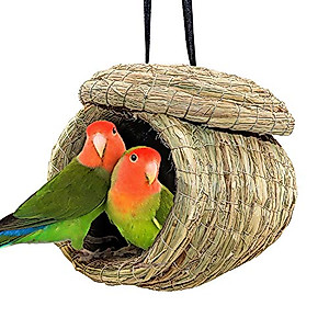 BWOGUE Straw Bird Nest Eco-Friendly Straw Birdhouse 100% Natural Fiber Bird Nest Hut Cozy Resting Breeding Place for Parrots Parakeet Conures Cockatiel,Large