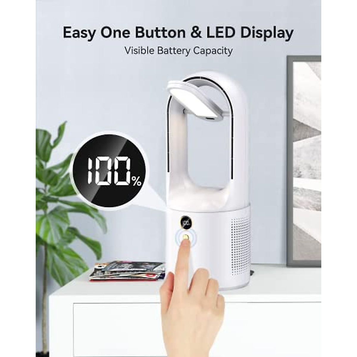 Desk Fan, 6 Speed Battery Operated Fan & Lamp 2 in 1 Bladeless Fan, Stylish 13 Inch Table Fan with LED Power Display, Type C Portable Fan with Natural Wind for Bedside Home Bedroom Office Summer Gift