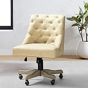 Jovita Fabric Tufted Upholstered Home Office Desk Chair with Vintage Wood Base, Linen