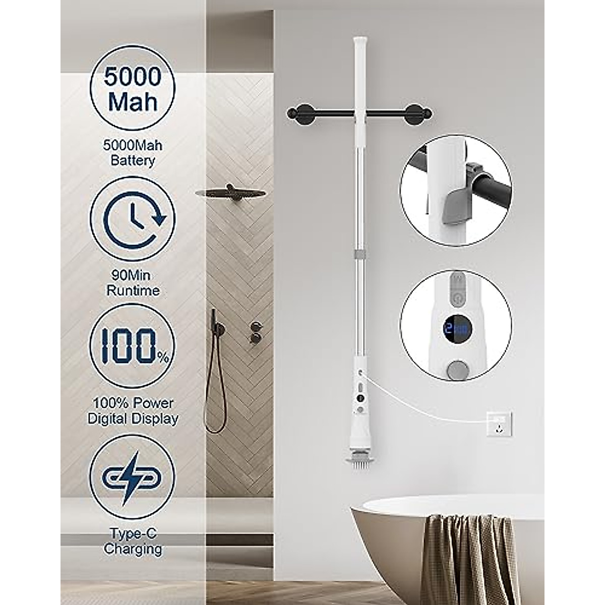 Electric Spin Scrubber, Saraily Cordless Power Scrubber Up to 420RPM, Shower Scrubber with 8 Replaceable Brush Heads and Adjustable Extension Handle for Cleaning Bathtub Tile Floor（40 inch）