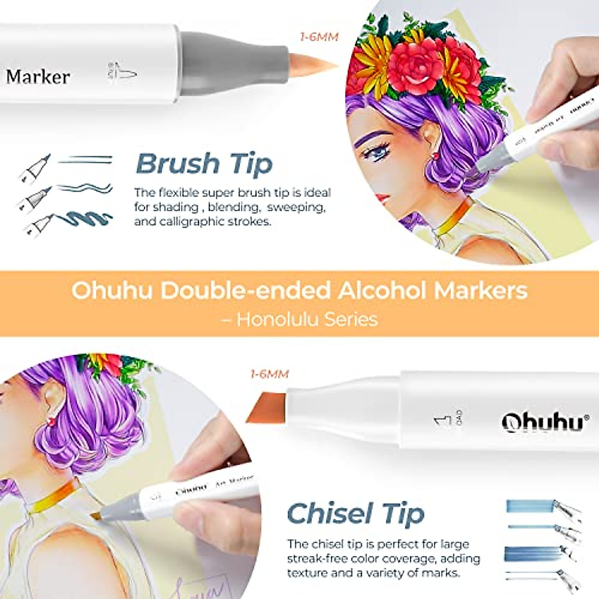 Ohuhu Alcohol Markers Brush Tip: Double Tipped Art Marker Set for Artist Adults Coloring Sketching Drawing Alcohol-based Ink - Brush Chisel Dual Tips - Honolulu - 48 Colors w/ 1 Blender and Case