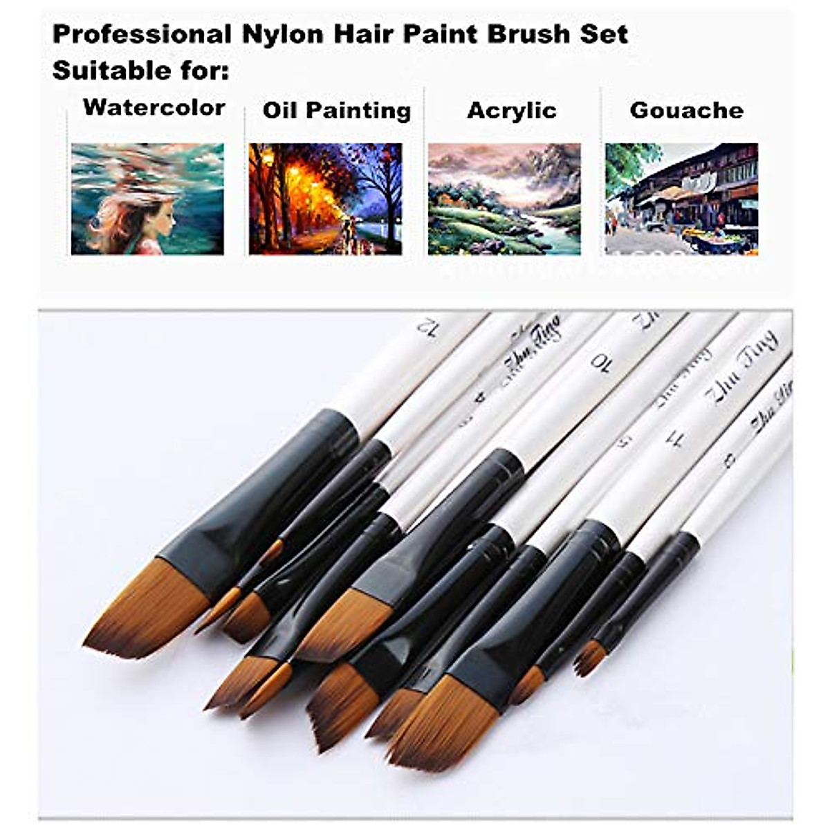 Angular Paint Brushes Nylon Hair Angled Watercolor Pait Brush Set for Acrylics Watercolors Gouache Inks Oil and Tempera(12pcs Pearl White Angled Paintbrush Set)
