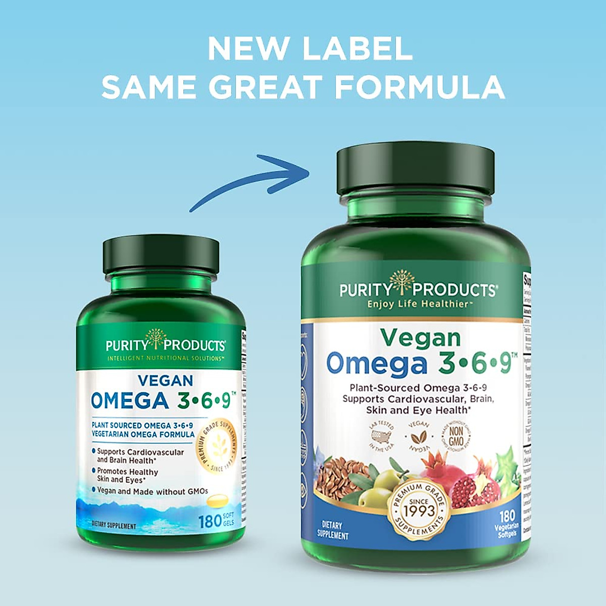 Purity Products Omega 3-6-9 Vegan Omega Formula - “5 in 1” Essential Fatty Acid Complex - Scientifically Formulated Plant-Based Omega 3 6 9 Essential Fatty Acids (EFA) - 3 Month Supply - 180 Softgels