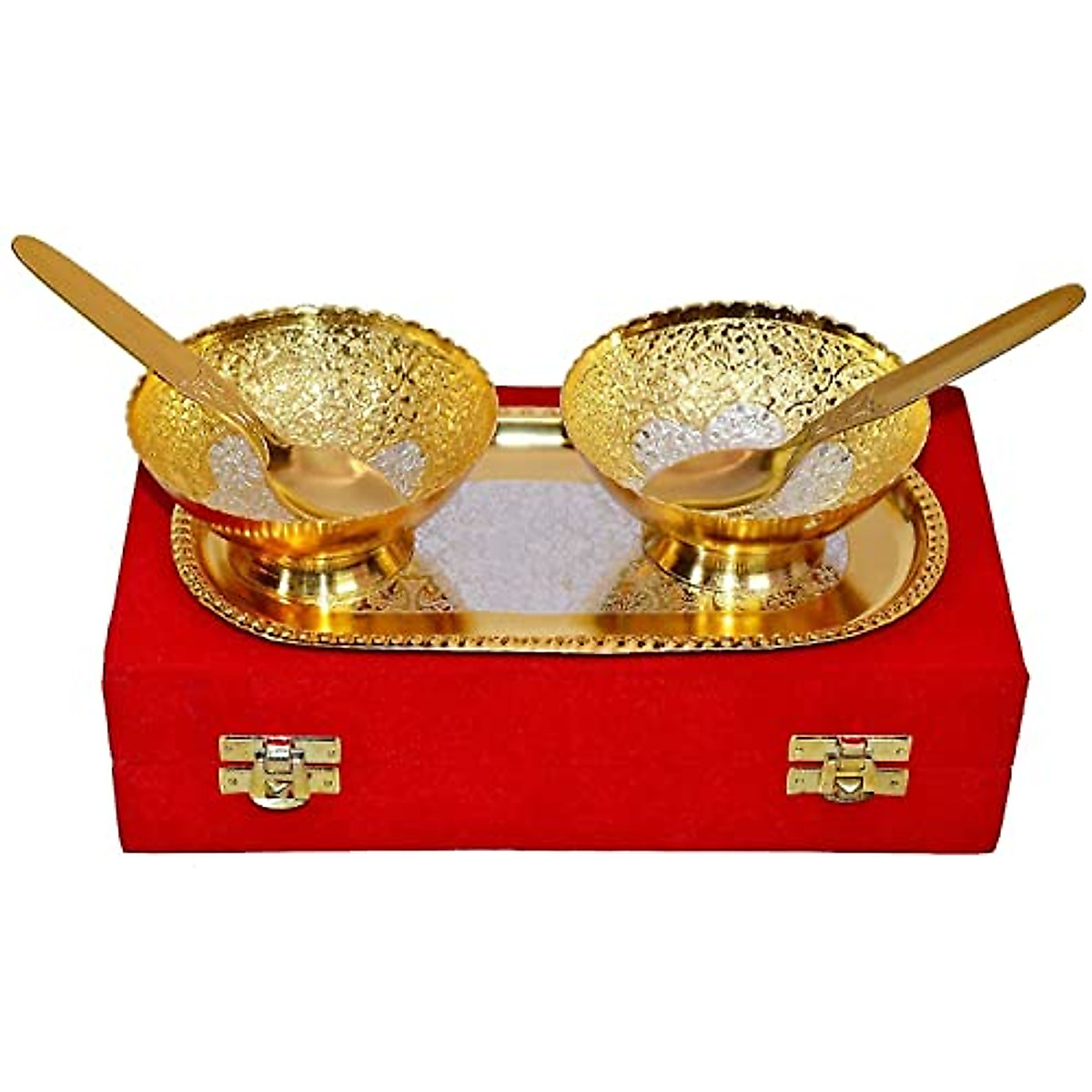 Handmade Designer Silver and Golden Color 1 Tray 2 Round Shaped Bowl Set And 2 Spoon Dry Fruit Bowl Set Diwali Christmas Festival Gifts