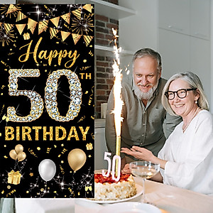 50th Birthday Decorations Door Banner, Black Gold Happy 50th Birthday Decorations Women Men, Door Cover Sign Poster Decor, 50 Year Old Birthday Party Photo Props Backdrop, Fabric 6.1ft x 3ft PHXEY