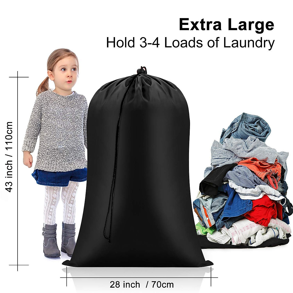 Heavy Duty Laundry Bags Extra Large Dirty Clothes Travel Bag 28 x 43 inch 2 Pack UFmeDorm XL Washable Storage Organizer College Dorm Camp Tear Resistant Big Hamper Basket Replacement Liner Black