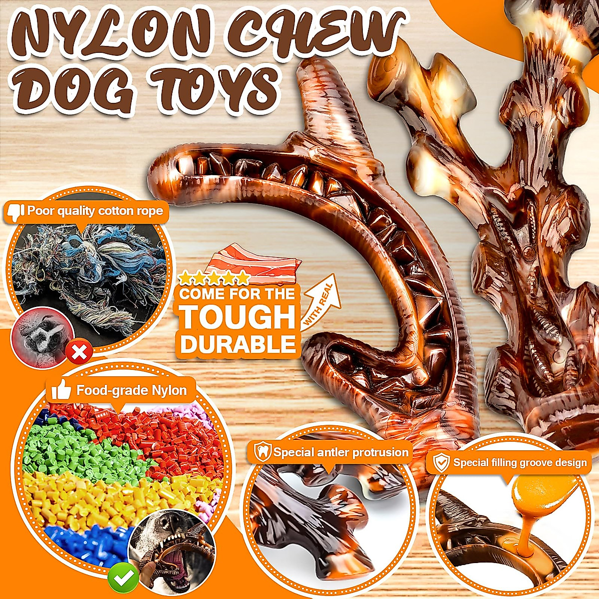 OSORD 4 Pack Dog Chew Toys for Aggressive Chewers - Tough Indestructible Dog Toys with Bacon Flavor- Durable Nylon Dog Bones Toy for Large Medium Breed - Dog Gifts