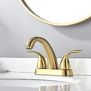 Phiestina Brushed Gold 4 Inch Centerset 2 or 3 Holes 2 Handle Bathroom Faucet, Bathroom Faucet with Copper Pop Up Drain and Water Supply Lines, BF008-5-BG