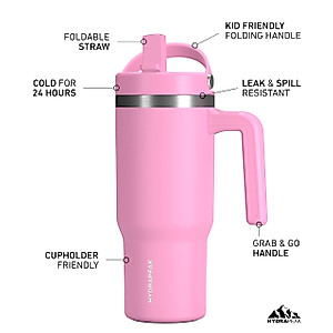 Hydrapeak Kids Voyager 18 oz Tumbler with Handle and Flip-Up Straw Lid | Spill Proof and Leak Resistant | Reusable Stainless Steel Water Bottle | Gift for Kids Boys Girls | Bubblegum