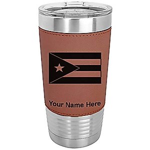 LaserGram 20oz Vacuum Insulated Tumbler Mug, Flag of Puerto Rico, Personalized Engraving Included (Faux Leather, Dark Brown)