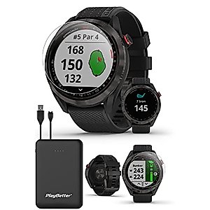 Garmin Approach S42 (Gunmetal/Black) Golf GPS Watch | Golfer's Bundle with Portable Charger & HD Tempered Glass Screen Protectors (x2) | 42,000+ Courses, Green View True Shape, & F/M/B Yardage