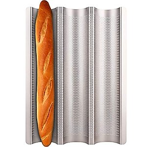 Fulimax Baguette Pan, French Bread Pans For Baking Pan, Nonstick 3 Slots Perforated Italian Loaf Pan Mold Long French Bread Pan,Golden