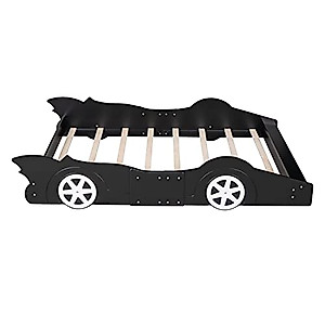 Zaboro Full Size Race Car-Shaped Platform Bed for Children, Solid Wood Bed Frame with Safety Rails and Wheels, Modern Low Bed with Sturdy Slats Support for Boys and Girls, No Box Spring Needed, Black