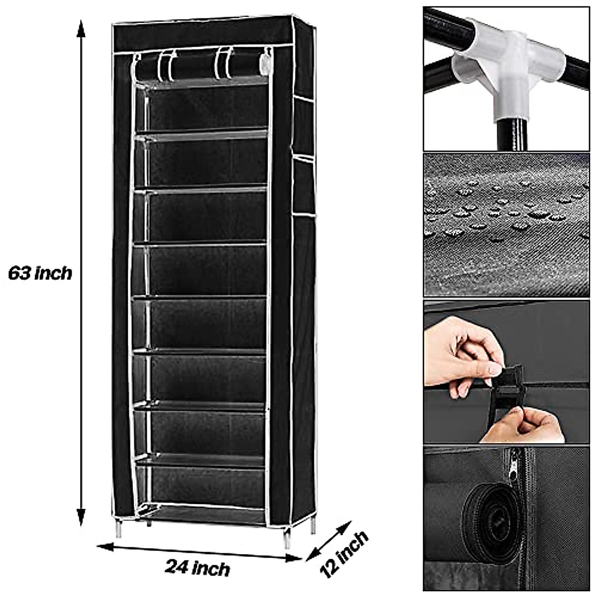 Mekek Black Shoe Rack, Free Standing Shoe Racks 9 Tier - Portable Row Shoe Rack Organizer Tower for Closet with Nonwoven Fabric Cover (Black)