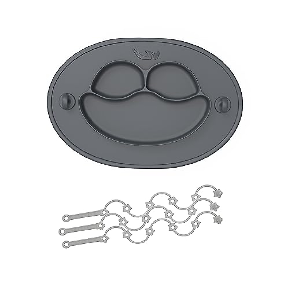 Silicone Suction Toddler Plates - Baby Plate Placemat for First Foods,Self-Feeding Plate for Kids + 3 Divided + 2 Tethers - Dishwasher Safe (Grey)