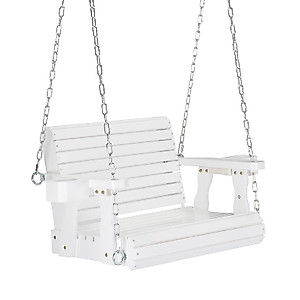 VINGLI Heavy Duty 440 LBS 1-Person Wooden Patio Porch Swing with Extra Cup Holder for Adults & Kids, Outdoor Single Porch Swing for Porch, Yard, Balcony, Tree (White)