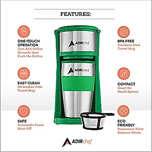 AdirChef Single Serve Mini Travel Coffee Maker & 15 oz. Travel Mug Coffee Tumbler & Reusable Filter for Home, Office, Camping, Portable Small and Compact (Green)