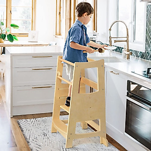 Toddler Step Stools for Kids, Toddler Tower Kids Step Stool with Safety Rail, 3 Heights Adjustable Toddler Kitchen Stool Helper, Kids Toddler Stool for Kitchen Counter Bathroom, Wooden