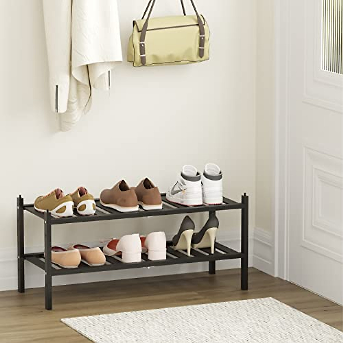 Dranixly 2 Tier Shoe Rack, Bamboo Stackable Shoe Shelf Storage Organizer for Entryway, Hallway, Closet and Living Room (Black)