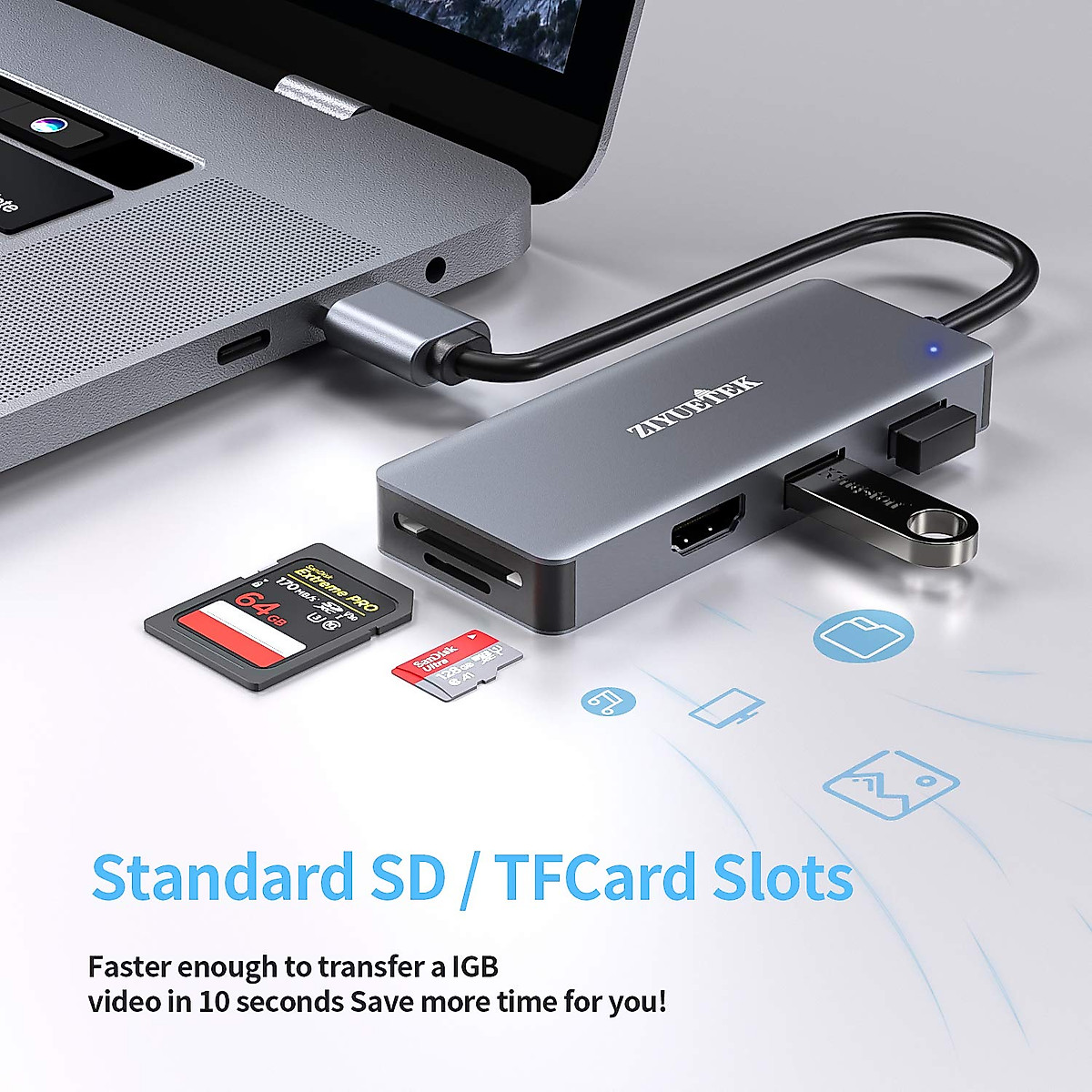 USB to HDMI Adapter, 5-in-1 USB hub 3.0 with HDMI 1080p for Extended Monitor PC Laptop Desktop, 2 USB Ports, SD and Micro SD Card Reader Support Windows, MACOS