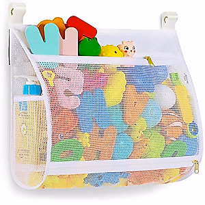 Bath Toy Organizer With Machine Washable, Multiple-suspension Bath Toy Holder, Large Capacity, 2 Side Bags +4 Strong Hooks (1 Large, White)