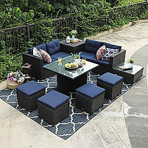 PHI VILLA 9 Piece Outdoor Furniture Sectional Patio Sofa Dining Set with Cushion Box Storage
