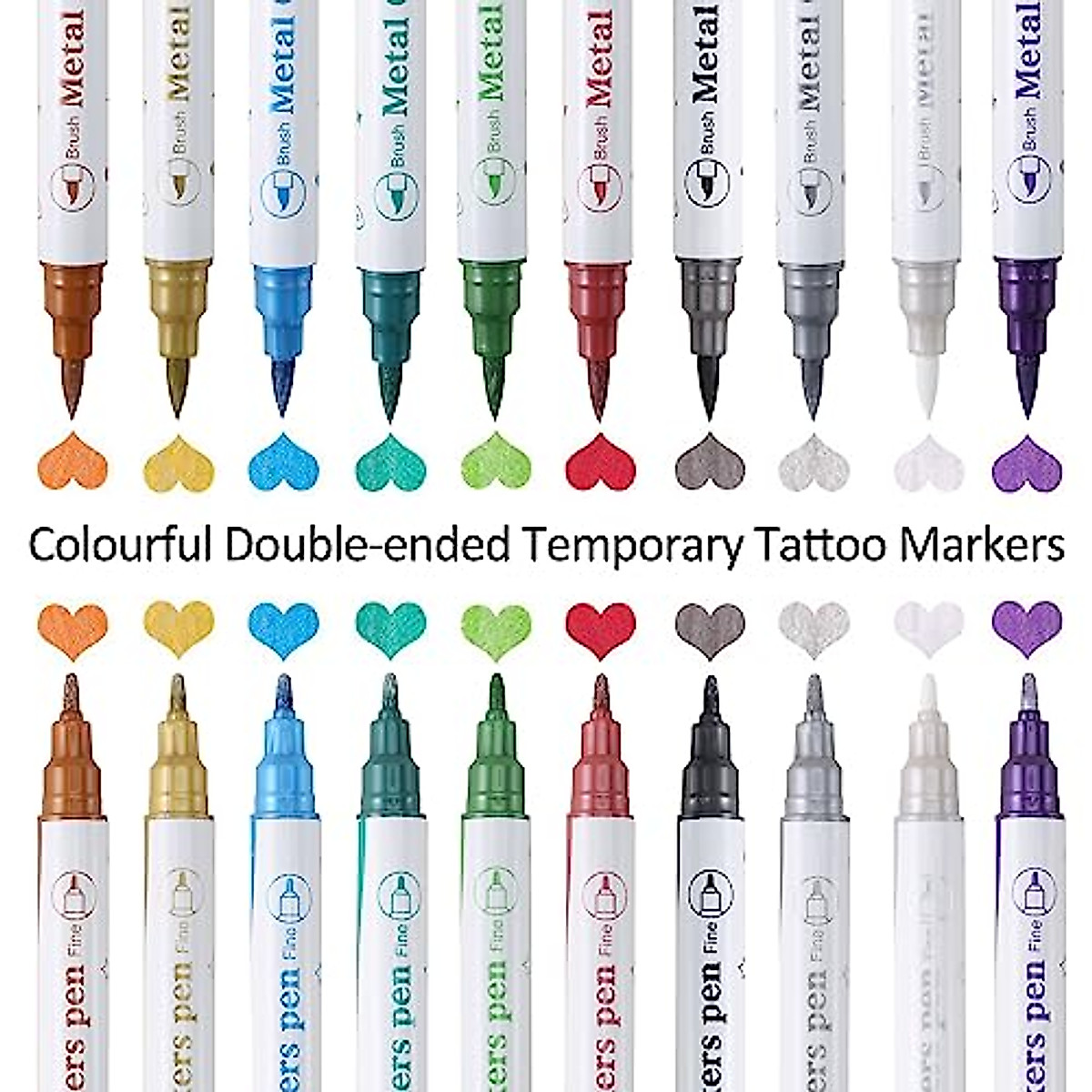 Ponhey Temporary Tattoo Markers, 10 Body Markers + 67 Large Tattoo Stencils for Kids and Adults, Skin-safe and Coloured Ink Double-ended Tattoo Pens Make Bold and Fine Lines for Body and Facial Art