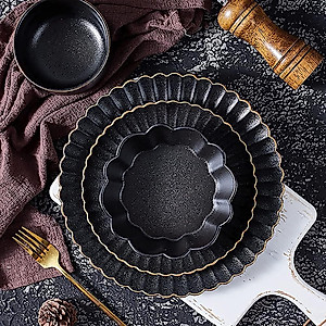 GagalU Porcelain Plate and Bowl Set,Kitchen Tableware Set,Ceramic Dinnerware Set, 15 Pcs Matte Black Retro Plates and Bowls Set- Irregular Edge Dinner Sets, Service for 4