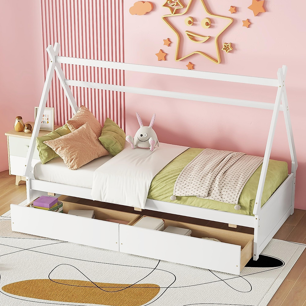 Linique Twin Size Tent Floor Bed with Two Drawers,Wooden Twin Platform Bed Frame Teepee Bed,White