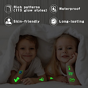 Partywind 115 PCS (10 Sheets) Glow Kids Temporary Tattoos, Children Tattoo Stickers Include Dinosaur/Mermaid/Pirate/Butterfly and More, Birthday Party Supplies Favors