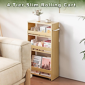 MARTY Rolling Storage Cart 7.9" W, 4-Tier Kitchen Cart with Wheels Handle, Slim Storage Cart Mobile Shelving Utility Carts for Bathroom Laundry Room Organization Narrow Places (Maple)