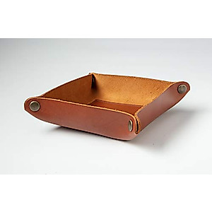 USA Made Premium Leather Valet Tray, Folds Flat! Little Buddy Dice Rolling Basket and Organizer With Brass Snaps - Reinforced Felt Bottom - For Keys, Jewelry, Coin, EDC, Watch Storage Caddy - Chestnut