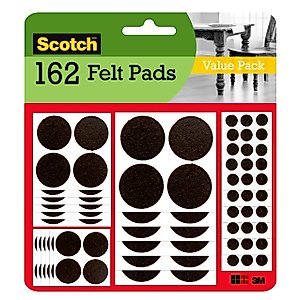 Scotch Felt Pads, Felt Furniture Pads for Protecting Hardwood Floors, Assorted Sizes Value Pack, Round, Brown, 162 Pads