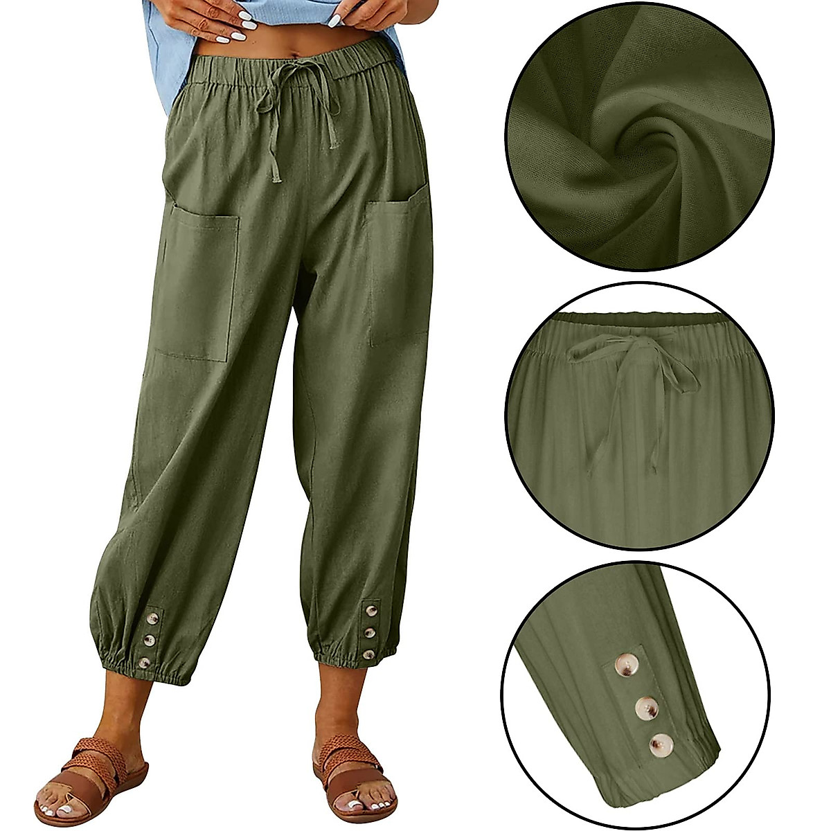 Women's High Waist Pants Drawstring Capri Pants with Pockets Wide Leg Cropped Pants for Women Green X-Large