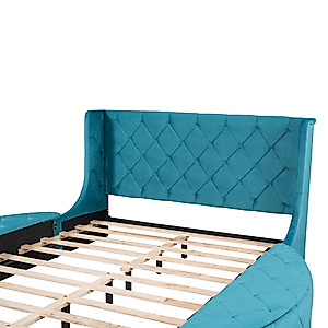LCH Upholstered Bed,Queen Size Upholstered Platform Bed with Additional Storage Space,Velvet Bed with Wingback Headboard and 1 Big Drawer,2 Side Storage Stool for Bedroom and Guest Room,Blue