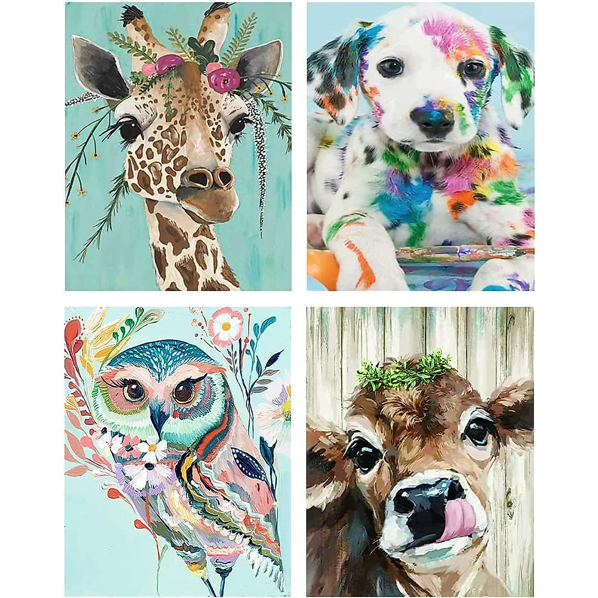 4 Pack Animal Paint by Numbers for Adults Kids Beginner, On Canvas DIY Giraffe Owl Cow Dog Oil Painting for Home Decor 12X16 Inch