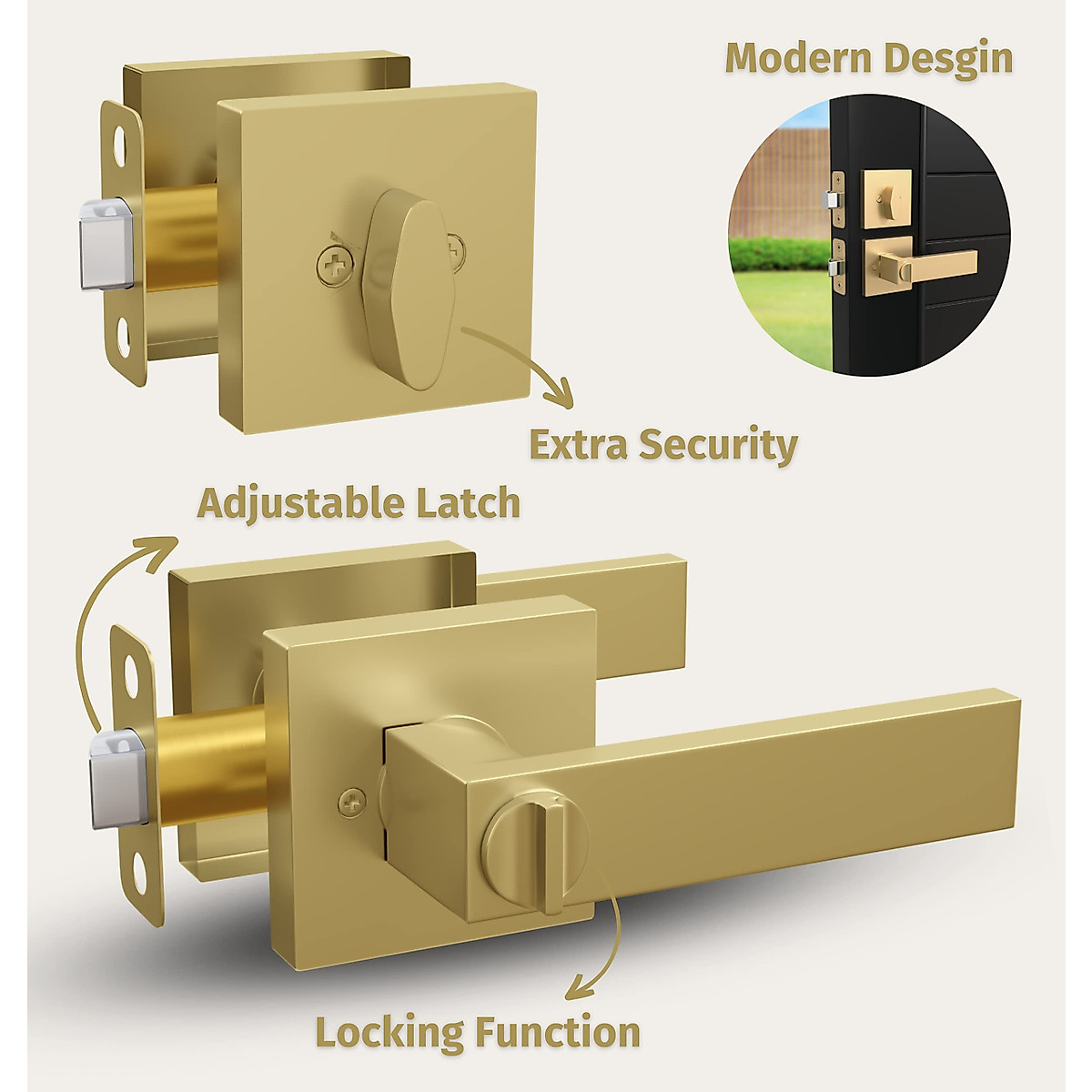 Mega Handles Entry Combo I Entry Lever Door Handle and Single Cylinder Deadbolt Lock and Key Combo Pack - Heavy Duty Square Locking Lever Set for Left or Right-Handed Doors - Satin Brass