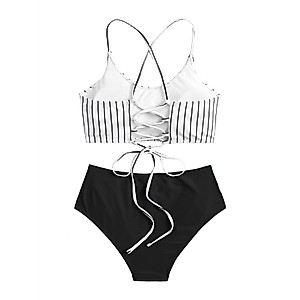 SweatyRocks Women's Bathing Suits Striped Criss Cross Bikini Set High Waisted Swimsuits Solid Black X-Small