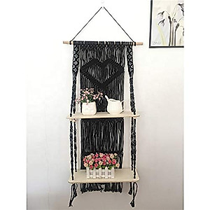 KALTEK Black Macrame Shelf | Boho Style with Two Tier Wood Shelves | Beautiful Handmade Macrame Shelf for Hanging Plants and Decor | Boho Wall Decor with Macrame Rope and Shelf
