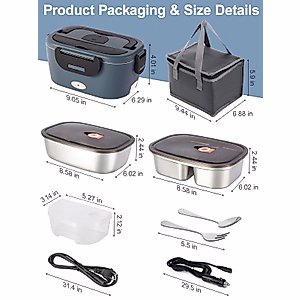 SOHIDA Heated Lunch Box, 80W Electric Lunch Box with Two 1.5L Stainless Steel Interchangeable Containers and Lids, 12V/24V/110V Food Warmer with Utensils and Insulated Bag for Car/Truck/Office (Black)