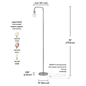 Globe Electric 67067 Holden 70" Floor Lamp, Brushed Steel, in-Line On/Off Foot Switch