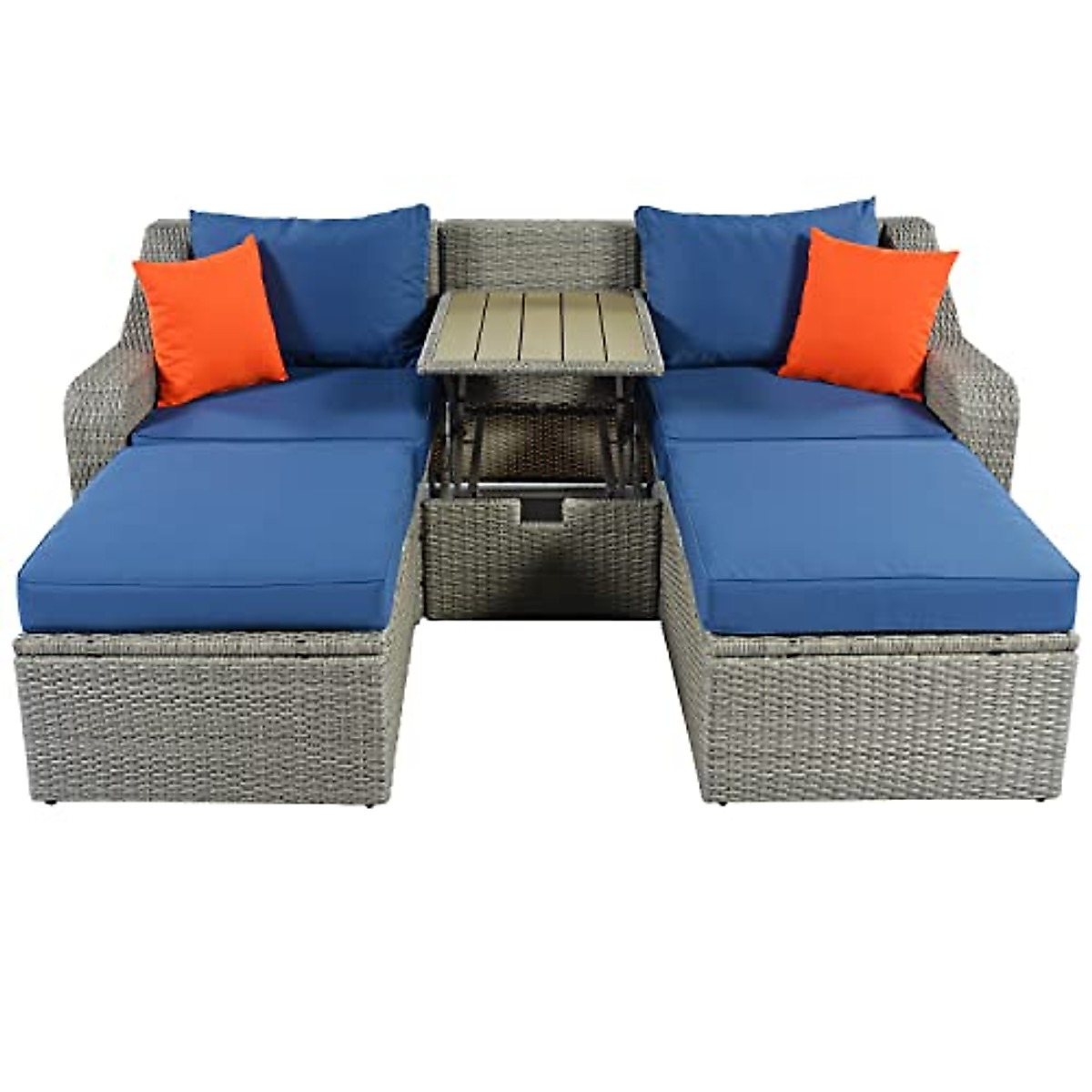 Merax 3 Pieces Patio Furniture Set Outdoor Conversation Wicker Rattan Sofa Chair, Lift Top Coffee Table and Ottomans, Blue