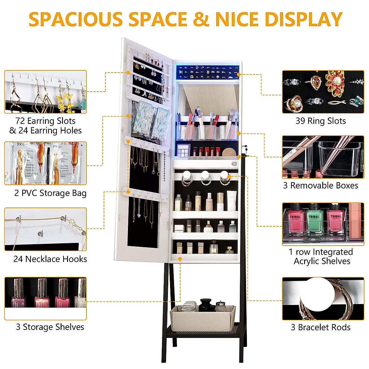 Vlsrka Mirror Jewelry Cabinet Standing with LED, Jewelry Mirror Full Length with Built-in Makeup Mirror & Lights, Large Jewelry Armoire Cabinet for Earrings Necklaces Cosmetic (White)