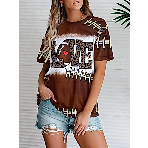 Women Football Shirt Game Day Shirt Love Football Print Tee Football Season T-Shirt Vintage Bleached Short Sleeve Top Bronze